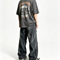 China Distressed Mid Rise Wide Leg Jeans Straight Fit Men's Jeans Black Gray for sale