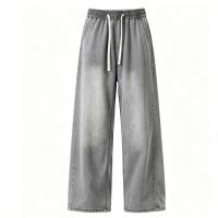 China Lightweight Washed Denim Pants Wide Leg Denim Jeans Elastic Drawstring for sale