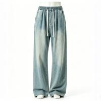 China Lightweight Washed Denim Pants Wide Leg Denim Jeans Elastic Drawstring for sale