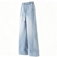 China Lightweight Washed Denim Pants Wide Leg Denim Jeans Elastic Drawstring for sale