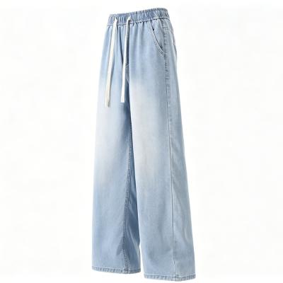 China Lightweight Washed Denim Pants Wide Leg Denim Jeans Elastic Drawstring for sale