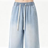 China Lightweight Washed Denim Pants Wide Leg Denim Jeans Elastic Drawstring for sale