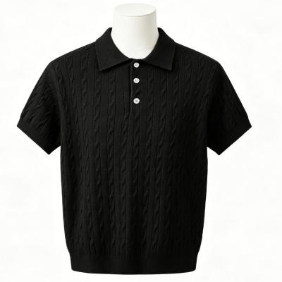 China Men’s Cable Knit Short Sleeve Polo Shirt Casual Breathable Solid Color Knitted Top for sale