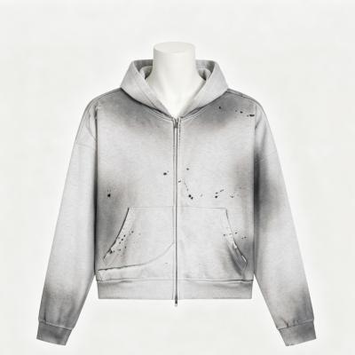 China Men’s Vintage Wash Zip-Up Hoodie 404G Fleece Lined Oversized Streetwear Jacket for sale