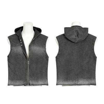 China Men’s Vintage Washed Hooded Vest 240G Oversized Sleeveless Streetwear Zip-Up Jacket for sale