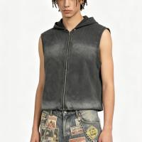 China Men’s Vintage Washed Hooded Vest 240G Oversized Sleeveless Streetwear Zip-Up Jacket for sale