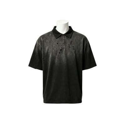 China 275GSM 100% Cotton Vintage Acid Wash Distressed Polo T-Shirt, Oversized Drop Shoulder Streetwear Blank Polo Tee for Bulk Wholesale for sale