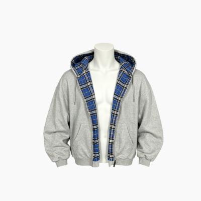 China Plaid Lined Zip Up Hooded Sweatshirt Jacket, Oversized Loose Contrast Check Inner Hoodie 3 Colors Cross-Border Wholesale for Autumn for sale