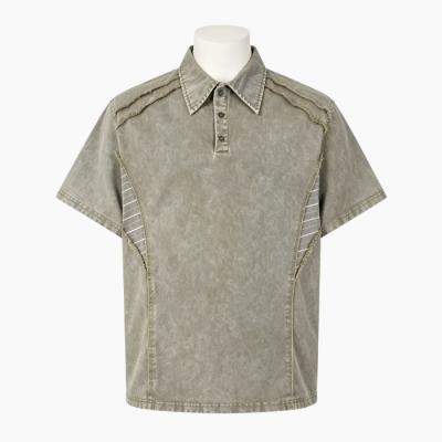 China Deconstructed Spliced Washed Vintage Polo Short Sleeve Shirt, Loose Fit American Retro Contrast Panel Tee 2 Colors Cross-Border  for sale