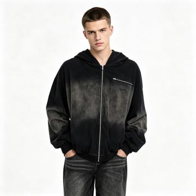 China 380GSM Men's Heavyweight Hoodie Gradient Vintage Wash Full Zip Hooded Jacket Oversized for sale