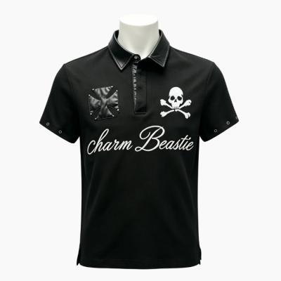 China Gothic Skull Embroidery Polo Shirt, Faux Leather Collar Rivet Cross Patch Punk Short Sleeve Top for Men for sale