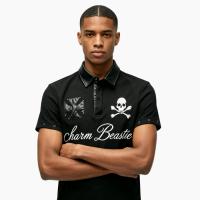 China Gothic Skull Embroidery Polo Shirt, Faux Leather Collar Rivet Cross Patch Punk Short Sleeve Top for Men for sale