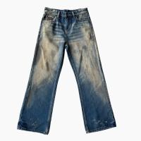 China Sandblast Men's Jeans Flare Bootcut Distressed Denim Jeans Frayed Rip for sale