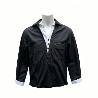 China Fake Two Tone Contrast Collar Long Sleeve Shirt, Black White Half Placket Casual Men’s Pocket Shirt for sale