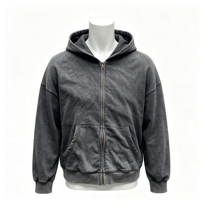 China Vintage Acid Wash 	Men's Heavyweight Hoodie Full Zip Vintage Streetwear Hoodie Cursive Embroidery for sale