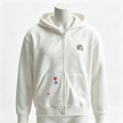 China Heavy Terry Fleece 	Men's Heavyweight Hoodie Speckled Floral Embroidery Fleece Zip Up Jacket Oversized for sale