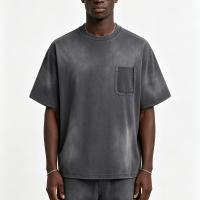 China 275GSM Basic Crew Neck Tee Spray Wash Short Sleeve Crew Neck Raw Edge for sale
