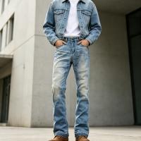 China Light Washed Men's Jeans Mid Rise Flare Denim Jeans With Whisker Detailing for sale