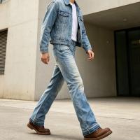 China Light Washed Men's Jeans Mid Rise Flare Denim Jeans With Whisker Detailing for sale