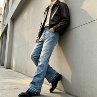 China Light Washed Men's Jeans Mid Rise Flare Denim Jeans With Whisker Detailing for sale