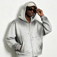 China Men’s Vintage Wash Zip-Up Hoodie 404G Fleece Lined Oversized Streetwear Jacket for sale
