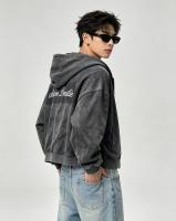 China Vintage Acid Wash 	Men's Heavyweight Hoodie Full Zip Vintage Streetwear Hoodie Cursive Embroidery for sale