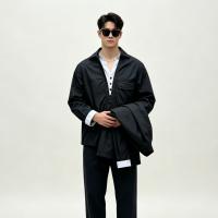 China Fake Two Tone Contrast Collar Long Sleeve Shirt, Black White Half Placket Casual Men’s Pocket Shirt for sale