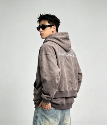China Double Layer Mens Zip Up Hoodie Embroidery Oversized Hoodie Streetwear Vintage Washed for sale