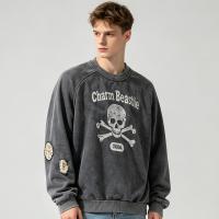 China Skull Graphic Men's Heavyweight Hoodie Vintage Acid Wash Cropped Crewneck Sweatshirt for sale