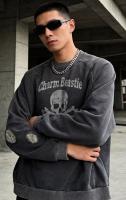 China Skull Graphic Men's Heavyweight Hoodie Vintage Acid Wash Cropped Crewneck Sweatshirt for sale