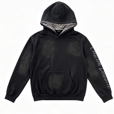 China Vintage Faded Washed Hoodie, Leopard Print Lined Hood Oversized Black Sweatshirt for Men for sale