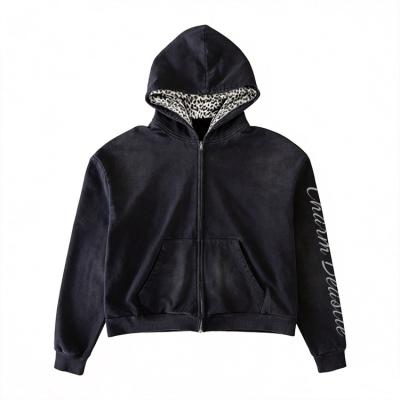 China A529 Chiying Vintage Washed Zip Up Hoodie Men Leopard Lined Hood Oversized Cursive Print Streetwear Jacket for sale