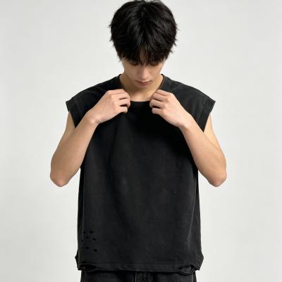 China Vintage Crinkle Washed Ripped Sleeveless T Shirt Distressed Raw Edge Cut Off Vest for sale