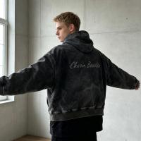 China A530 Chiying Vintage Acid Wash Double Layer Zip Up Hoodie Men Oversized Cursive Back Print Streetwear Jacket for sale