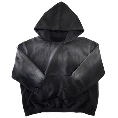 China A513 Chiying Vintage Acid Wash Distressed Hole Pullover Hoodie Men Oversized Washed Black Streetwear Hooded Sweatshirt for sale