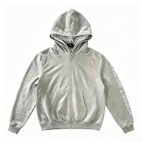 China A529 Chiying Vintage Washed Zip Up Hoodie Men Leopard Lined Hood Oversized Cursive Print Streetwear Jacket for sale