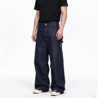 China Dark Indigo Asymmetric Multi-Pocket Wide Leg Cargo Jeans, Unisex Diagonal Strap Panel Streetwear Baggy Denim Trousers for sale