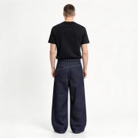 China Dark Indigo Asymmetric Multi-Pocket Wide Leg Cargo Jeans, Unisex Diagonal Strap Panel Streetwear Baggy Denim Trousers for sale