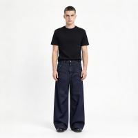 China Dark Indigo Asymmetric Multi-Pocket Wide Leg Cargo Jeans, Unisex Diagonal Strap Panel Streetwear Baggy Denim Trousers for sale