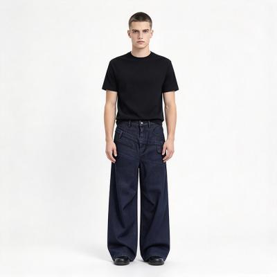 China Dark Indigo Asymmetric Multi-Pocket Wide Leg Cargo Jeans, Unisex Diagonal Strap Panel Streetwear Baggy Denim Trousers for sale
