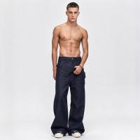 China Dark Indigo Asymmetric Multi-Pocket Wide Leg Cargo Jeans, Unisex Diagonal Strap Panel Streetwear Baggy Denim Trousers for sale