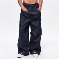 China Dark Indigo Asymmetric Multi-Pocket Wide Leg Cargo Jeans, Unisex Diagonal Strap Panel Streetwear Baggy Denim Trousers for sale