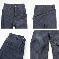 China Dark Indigo Asymmetric Multi-Pocket Wide Leg Cargo Jeans, Unisex Diagonal Strap Panel Streetwear Baggy Denim Trousers for sale