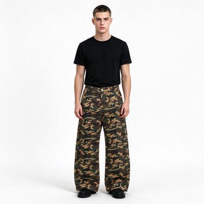 China Camouflage Leopard Spliced Wide Leg Cargo Pants, Unisex Stitch Detail Streetwear Loose Baggy Camo Trousers for sale