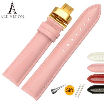 China ALK Cow Leather Watch Band Shine Bracelet Strap butterfly deployant Clasp buckle Watchband accessories 12 14 16 18 19 20 for sale