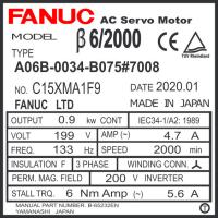 China Genuine FANUC AC Servo Motor 6/2000 Model A06B-0034-B075#7008 Industrial Robot Motor 1kW 6Nm 2000RPM 220V 10kg for sale