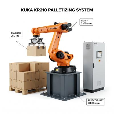 China Automatic Heavy Duty KUKA KR210 6 Axis 210kg Payload Palletizing Robot Arm for Carton Stacking with Gripper for sale