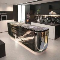 China Black Marble Kitchen Island Luxury Dining Room Furniture Polished Stainless Steel Base LED Light Storage for sale