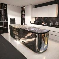 China Black Marble Kitchen Island Luxury Dining Room Furniture Polished Stainless Steel Base LED Light Storage for sale