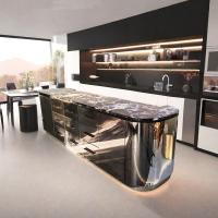 China Black Marble Kitchen Island Luxury Dining Room Furniture Polished Stainless Steel Base LED Light Storage for sale